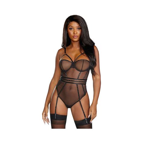 Sheer Stretch Mesh Snap Crotch Teddy With Removable Garters Black Medi