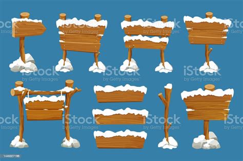 오래된 나무 빈 만화 스타일의 눈이있는 간판을 설정합니다 빈 프레임 파란색 배경에 격리 된 방향 판자 계절 장식 벡터 일러스트레이션 개체 그룹에 대한 스톡 벡터 아트 및