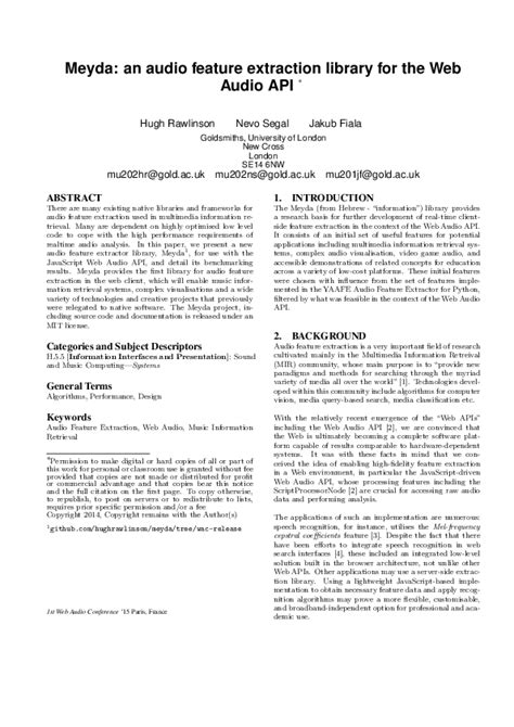 Pdf Meyda An Audio Feature Extraction Library For The Web Audio Api