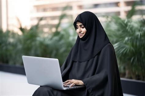 Premium Photo A Woman In A Black Hijab Using A Laptop