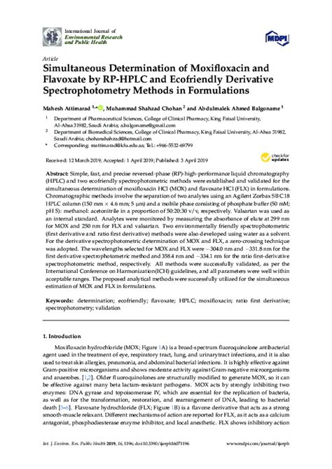 Pdf Simultaneous Determination Of Moxifloxacin And Cefixime By First