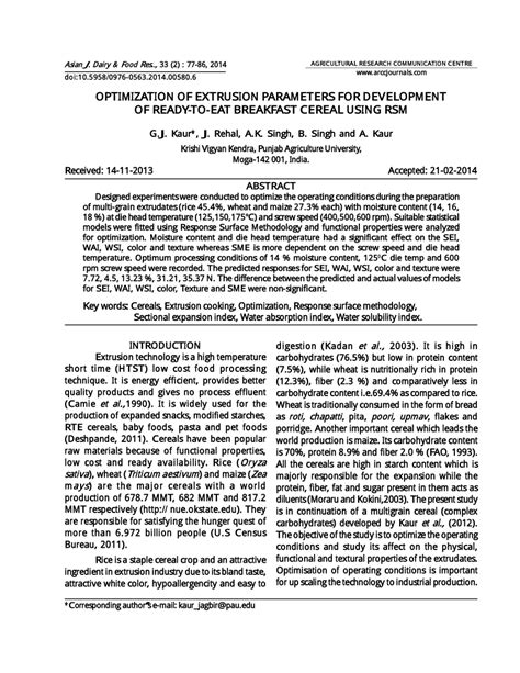 Pdf Optimization Of Extrusion Parameters For Development Of Ready To