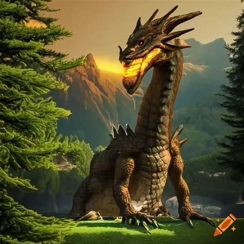 European Dragon With Bronze Scales And Glowing Eyes At An Idyllic