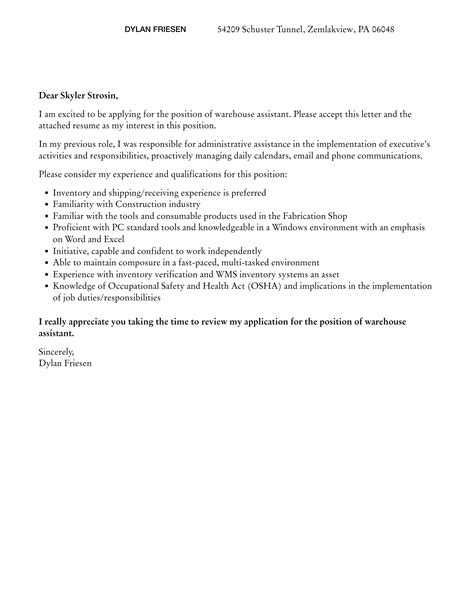 Warehouse Assistant Cover Letter Velvet Jobs