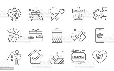 서프라이즈 박스 선물 및 광대 아이콘 세트 신혼 여행 그녀를 사랑하고 미소 표지판 벡터 기포에 대한 스톡 벡터 아트 및 기타 이미지 Istock