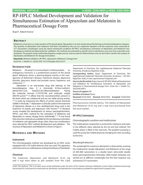 Pdf Rp Hplc Method Development And Validation For Simultaneous Estimation Of Alprazolam And