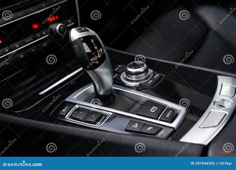 Automatic Gearbox Handle Multimedia Dashboard And Leather Interior Of High End Modern Car