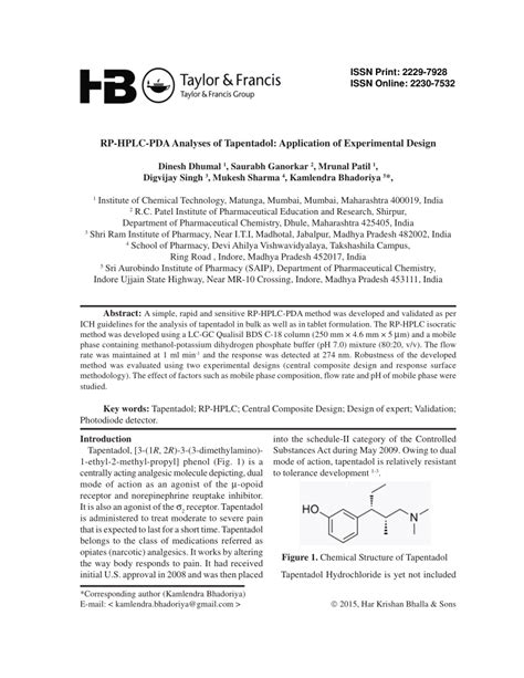 pdf rp hplc pda analyses of tapentadol application of experimental