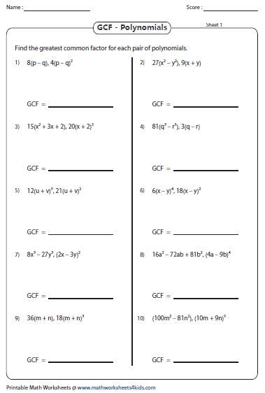 Greatest Common Factor Monomials Worksheet