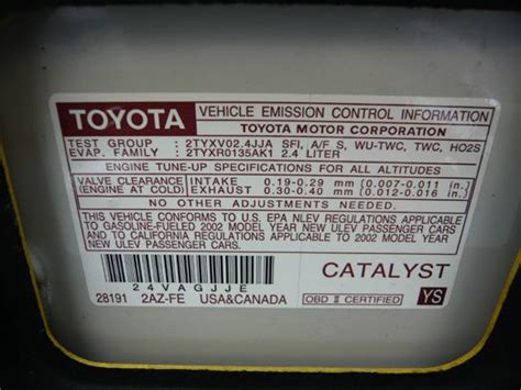 Us Toyota Genuine Vehicle Emission Control Information Label のパーツレビュー