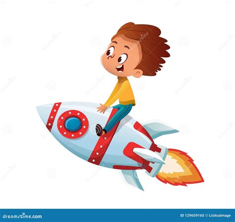 Счастливый мальчик играя и представить в космосе управляя ракетой космоса игрушки иллюстрация