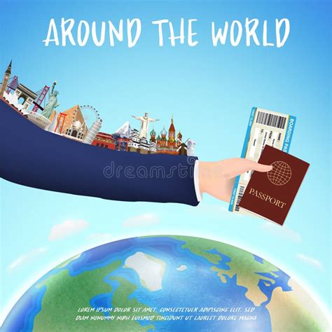 Hand Hold Boarding Pass Passport And World Landmark Stock Vector