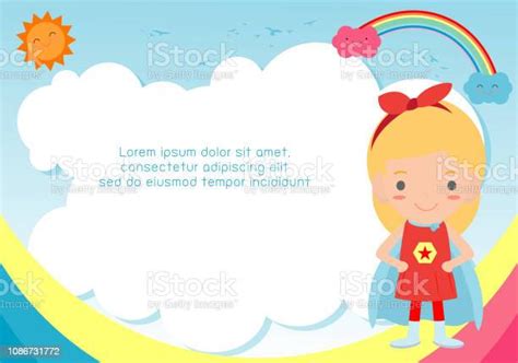 배경 광고 브로셔 당신의 텍스트 귀여운 작은 슈퍼 히어로 어린이 아이 아이 프레임과 프레임 벡터 일러스트 레이 션에 대 한 서식