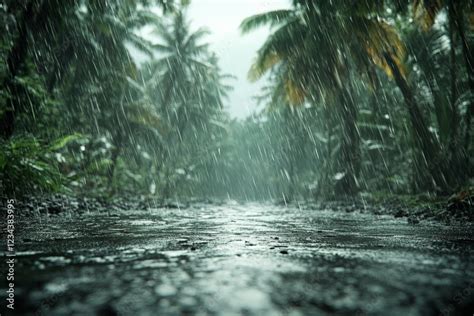 Heavy Rainfall In A Tropical Forest Creating A Serene Reflective Puddle On The Ground Stock