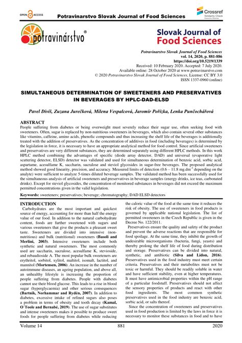 Pdf Simultaneous Determination Of Sweeteners And Preservatives In Beverages By Hplc Dad Elsd