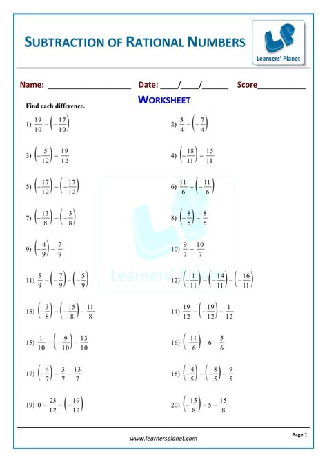 Subtraction Of Rational Numbers Workbook 4