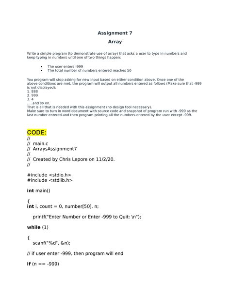COP C Assignment Array Assignment Array Write A Simple Program To Demonstrate Use Of