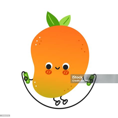 귀여운 재미있는 망고 과일은 점프 로프와 운동을합니다 벡터 핸드 그린 만화 가와이 캐릭터 일러스트 아이콘 흰색 배경에 격리 망고