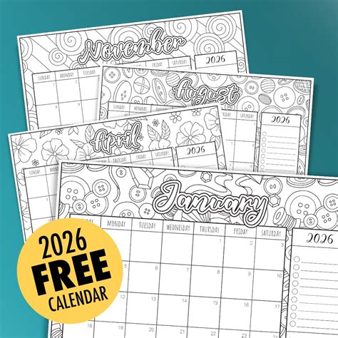 2026 Coloring Calendar Printable Free 2026