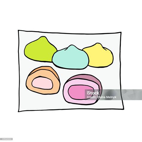 벡터 핸드 그린 낙서 모치 아이스크림 일본 쌀 디저트 메뉴 카페 레스토랑 라벨 및 포장을 위한 스케치 요소를 디자인합니다 흰색 배경에 화려한 그림 낙서 드로잉에 대한 스톡