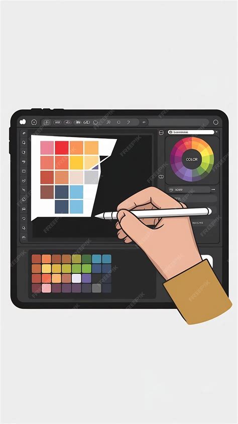 Digital Tablet And Hands Drawing On It Graphic Editor Interface Palette And Color Wheel Cartoon