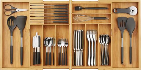 Bameos Expandable Silverware Drawer Organizer With Removable Knife Blocks Bamboo