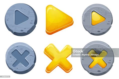 만화 만화 스타일 Ui 게임 디자인 요소 흰색 배경에 고립 된 인터페이스 객체의 돌 원에 시작 및 닫힘 버튼을 설정하십시오 벡터 일러스트 레이 션 개념에 대한 스톡 벡터