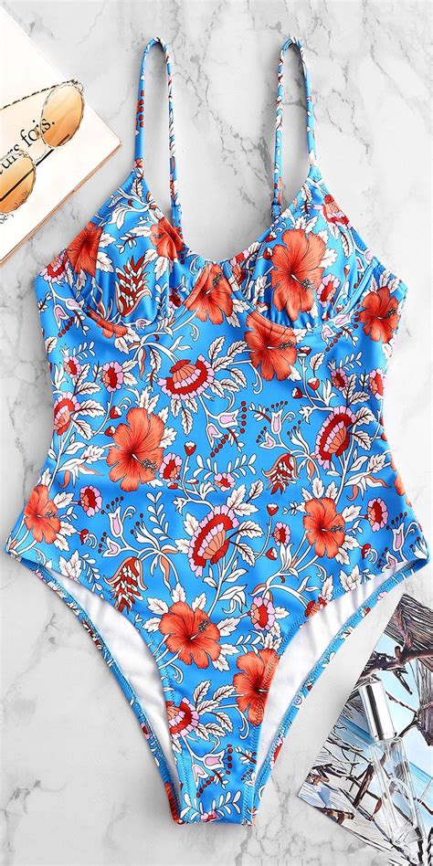 Blue Floral Underwire Tie Back Swimsuit Womens One Piece Swimsuits