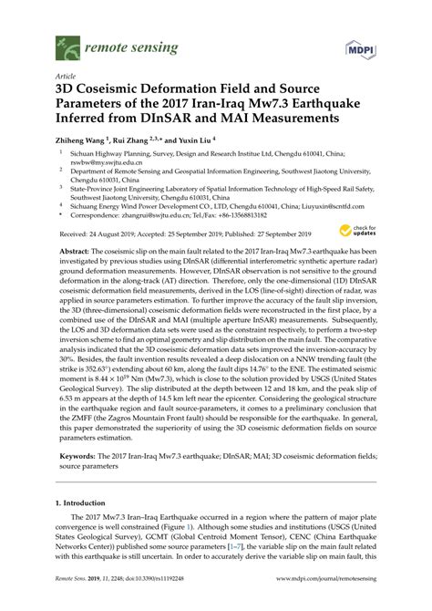 Pdf 3d Coseismic Deformation Field And Source Parameters Of The 2017 Iran Iraq Mw7 3