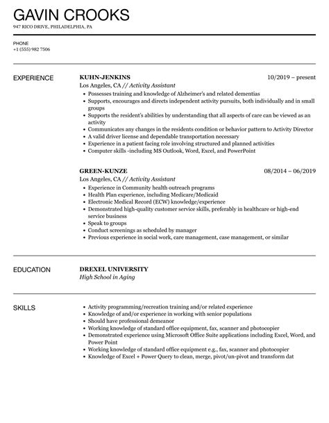 Activity Assistant Resume Samples Velvet Jobs