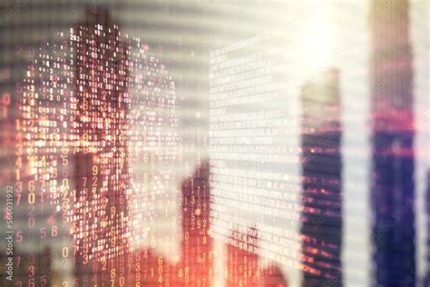 Abstract Virtual Code Skull Hologram On Modern Architecture Background Cybercrime And Hacking