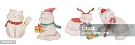 크리스마스 의상을 입은 고양이 수채화 물감 만화 캐릭터 세트 1 Of 5 벡터 12월에 대한 스톡 벡터 아트 및 기타 이미지 12월 개체 그룹 겨울 Istock