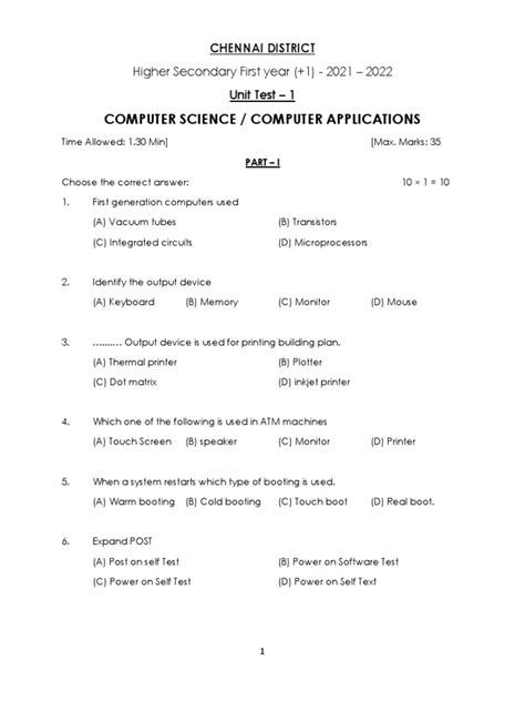 Computer Science Unit Test 1 An Assessment Covering Computer