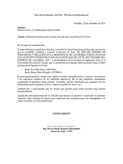 Solicitud De Permiso Para Acceder A Institucones Educativas Para Tesis