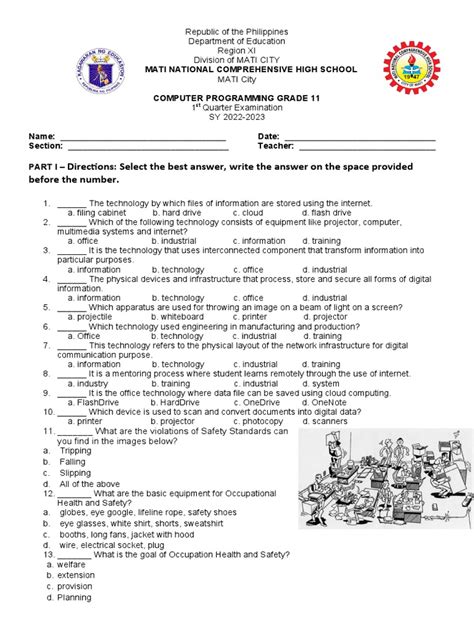 1st Quarter Examination On Computer Programming Grade 11 Document
