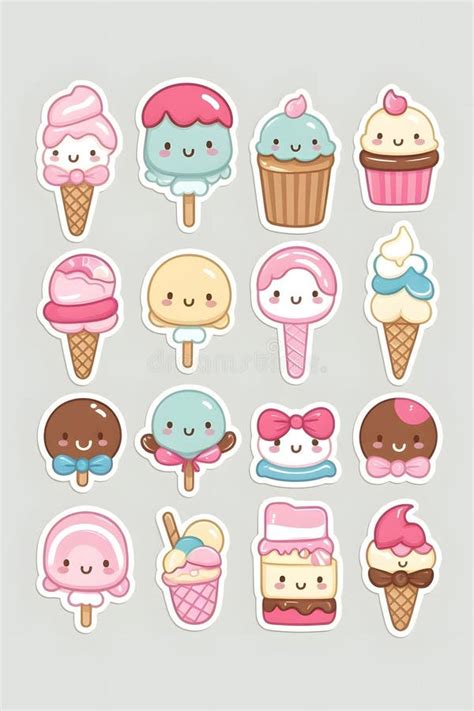 Cute And Sweet Themed Cartoon Dessert Stickers Adorable Characters In Vibrant Pastels Stock