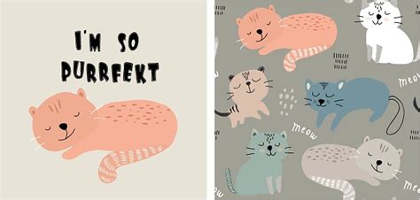 귀여운 고양이 프린트와 고양이와 원활한 패턴의 세트 벡터 0명에 대한 스톡 벡터 아트 및 기타 이미지 0명 고양이 새끼 귀여운 Istock