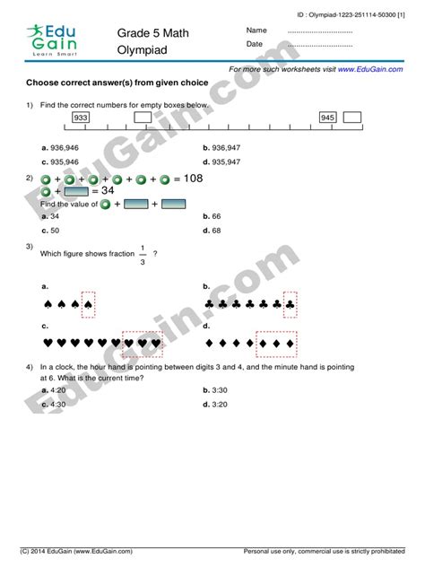 Imo Math Olympiad Sample Practice Paper For Class 5 By