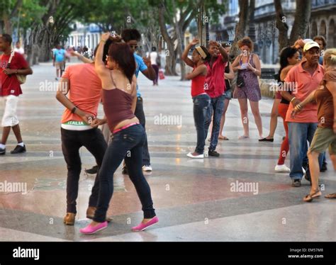 Cuban People Dancing Street Sunny And Hot Cuban Salsa In The Square Of
