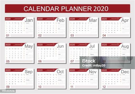 2020 캘린더 플래너 디자인 월간 스케줄러 주일요일에 시작됩니다 12 개월 세트 벡터 일러스트레이터 0명에 대한 스톡 벡터 아트 및 기타 이미지 Istock