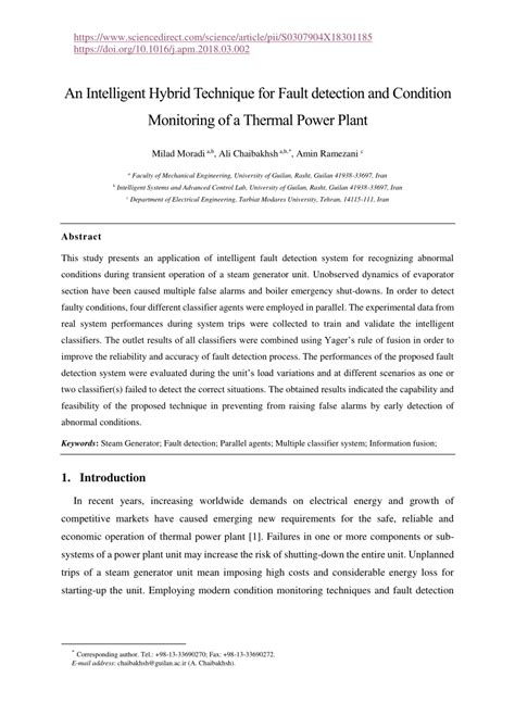 PDF An Intelligent Hybrid Technique For Fault Detection And Condition Monitoring Of A Thermal