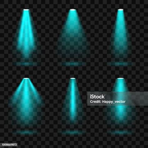 밝은 조명 스포트 라이트의 크리에이 티브 벡터 일러스트 레이 션 설정 투명 한 배경에서 분리 하는 광원 콘서트 현장 조명 아트