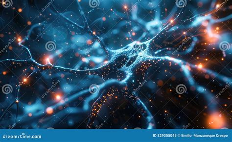Close Up Of A Neuron Of A Brain With Many Red Dots Simulating Electrical Impulses Stock