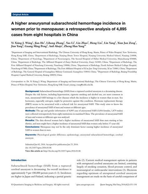 Pdf A Higher Aneurysmal Subarachnoid Hemorrhage Incidence In Women