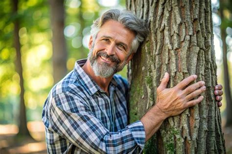 Mature Handsome Man Hugging A Tree Premium Ai Generated Image