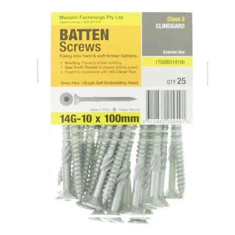 Macsim 14g 10x100mm Batten Screw Hex Galvanised 25pcs 17gbbd14100