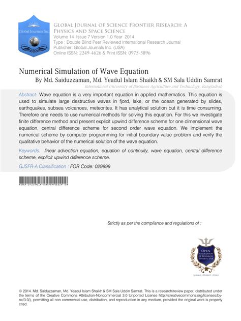 Pdf Numerical Simulation Of Wave Equation