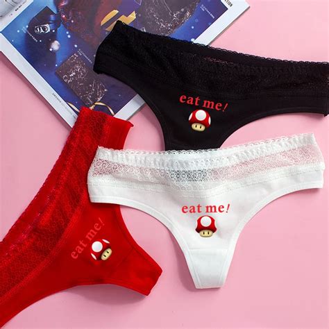 여성용 코튼 레이스 팬티 EAT ME 빨간 버섯 섹시한 속옷 끈팬티 통기성 란제리 친밀한 유혹 AliExpress