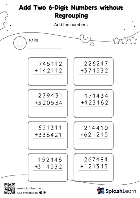 Add Two 6 Digit Numbers Without Regrouping Vertical Addition Worksheet