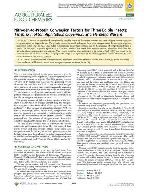 Pdf Nitrogen To Protein Conversion Factors For Three Edible Insects Tenebrio Molitor